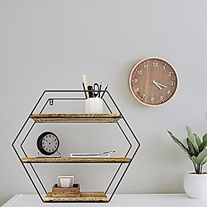 TFER Floating Shelves Wall Mounted Hanging Shelf Hexagon Rustic Farmhouse Shelves for Wall Decor,Storage | Metal Bracket and Reclaimed Natural Wood Shelf for Living Room,Bedroom,Bathroom,Kitchen