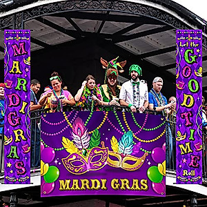 Mardi Gras Decorations, Large Carnival Outdoor Backdrop Banner, New Orleans Themed Party Welcome Porch Hanging Banners, Adult Mardi Gras Dress-up Party Decor for Parade Masquerade Garden Ornaments