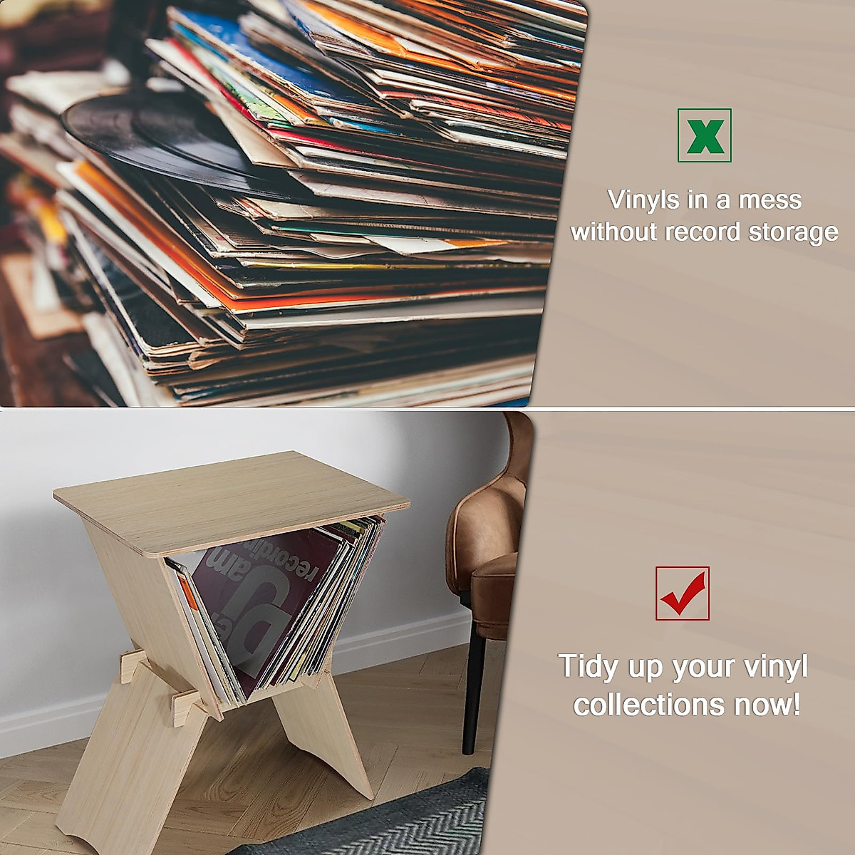 M MUSIC PUBLIC KINGDOM Record Player Stand with Record Storage Shelf, Solid Wood Turntable Stand, Light Wood