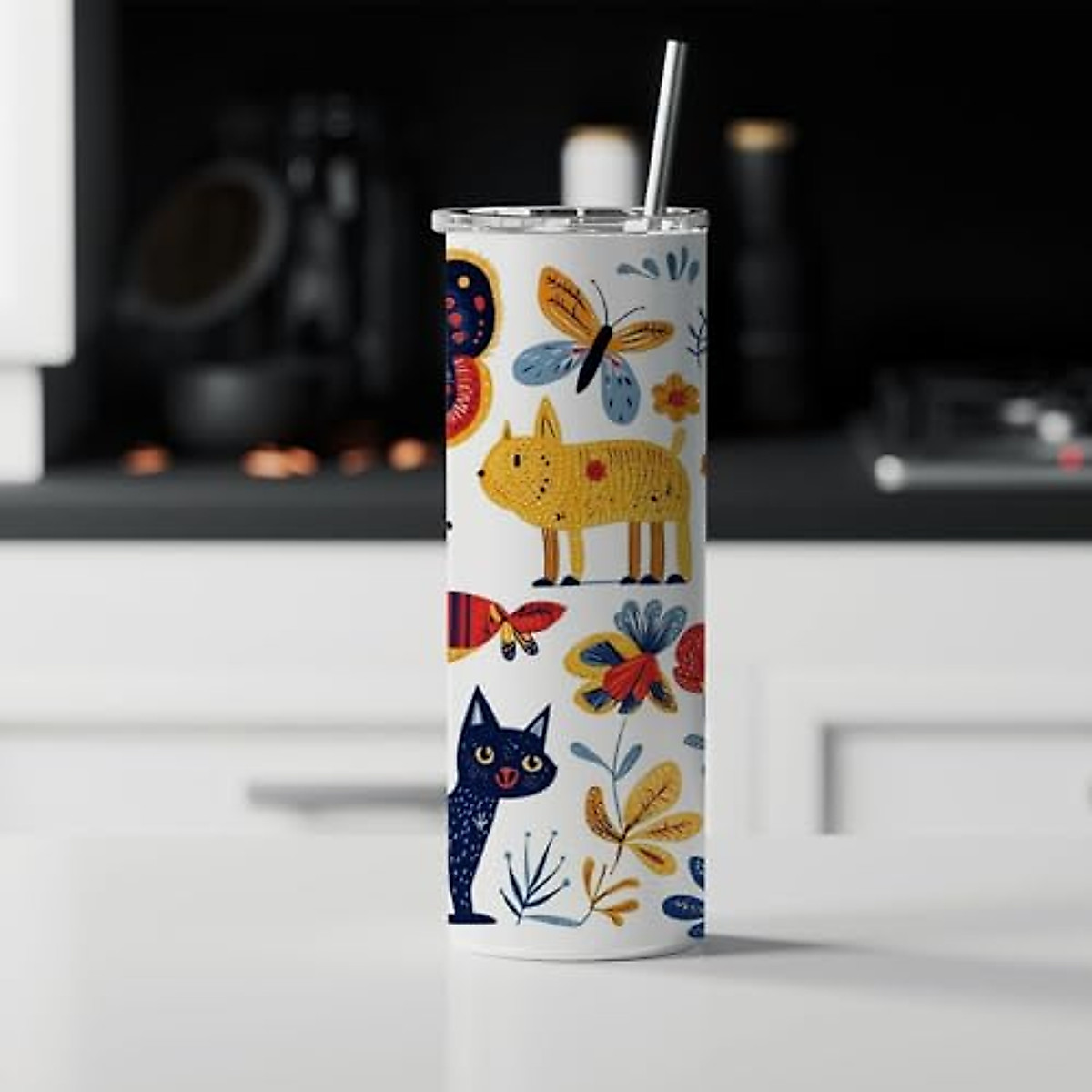 Tumbler with Lid and Straw Abstract Flora and Fauna Print thermos coffee travel mugcute cups 20 oz insulated tumbler for Daily Holiday Decor Gift coffee cup
