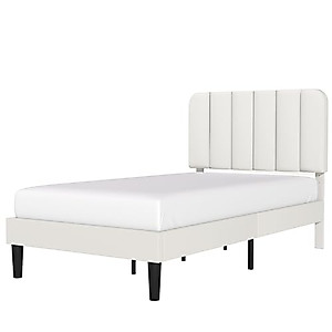VECELO Twin Size Bed Frame with Adjustable Headboard, Velvet Heavy Duty Platform Beds with Strong Wood Slats Support, No Box Spring Needed, White