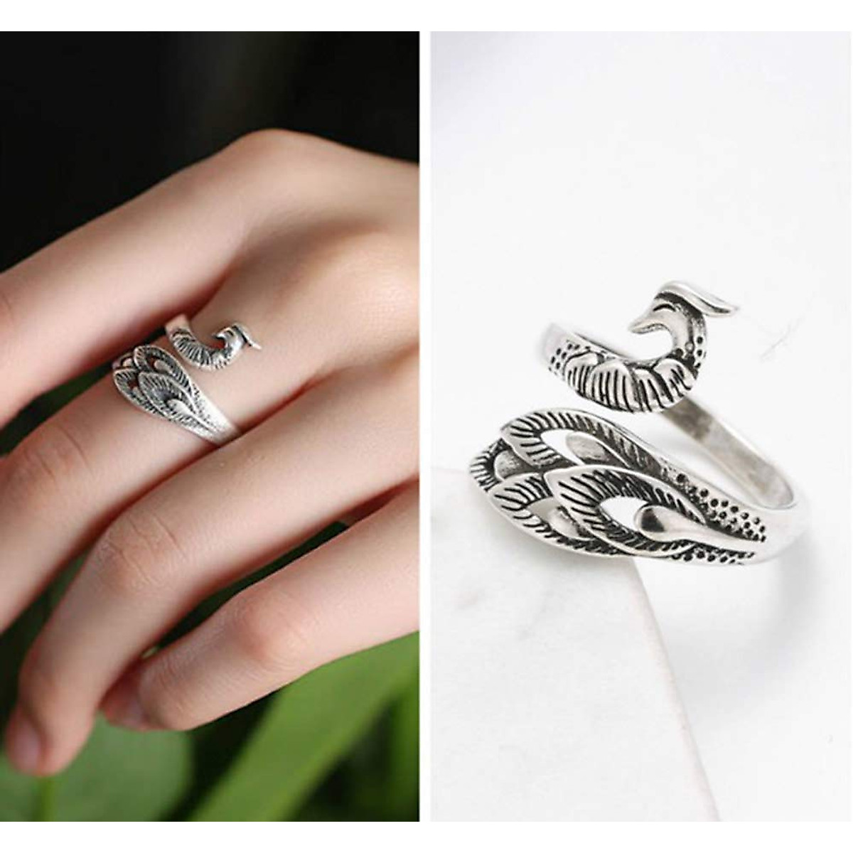 Yfnfxl Women’s Adjustable Open Animal Ring, Cute Lovely Silver Peacock Cool Rings for Women (Peacock)