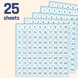 25 Sheets, 1 to 100, Number Stickers Labels - 0.4" Round, Pack of 2500