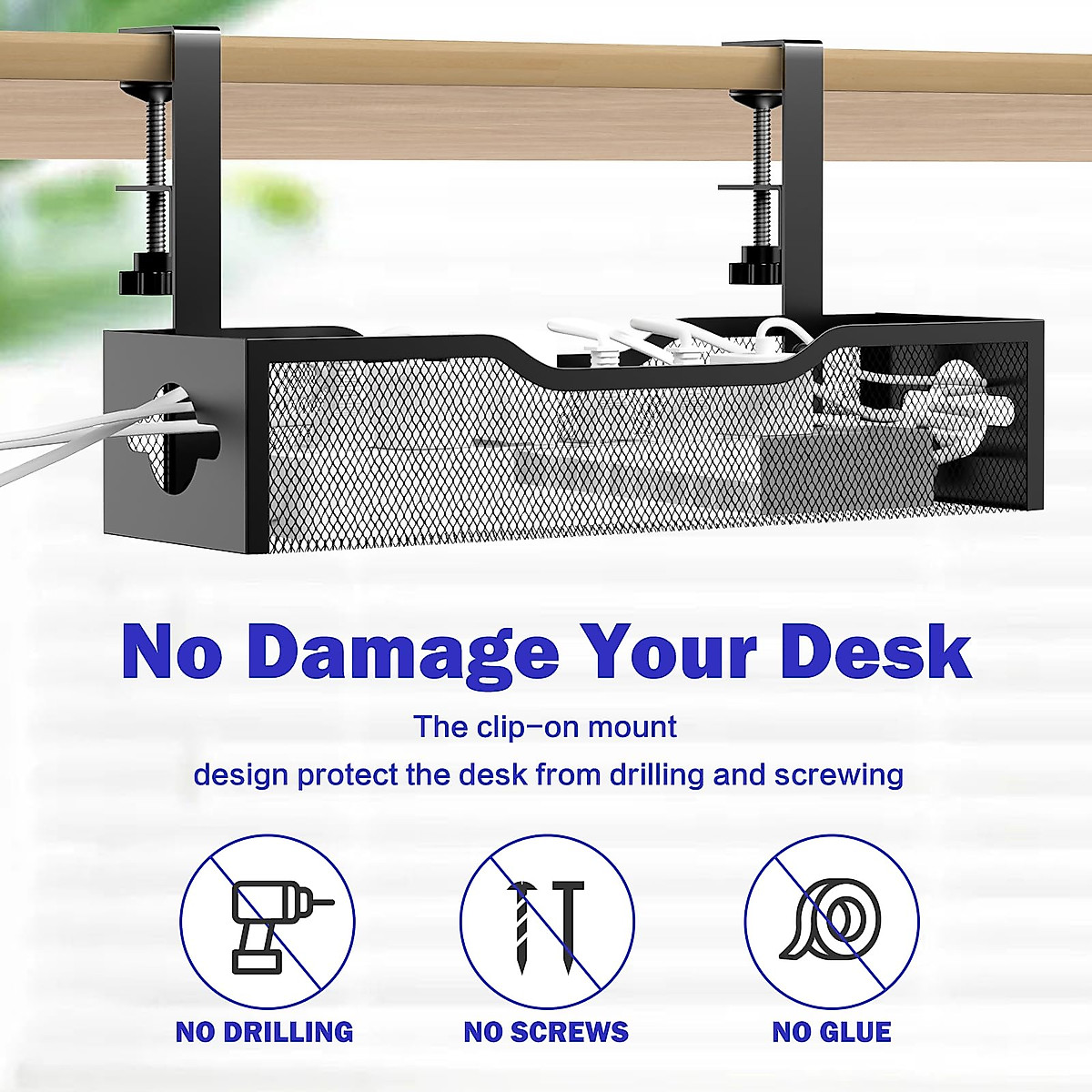 Punmoy Under Desk Cable Management Tray 15.7", Extra Large Cable Management Under Desk No Drill, Cord Organizer for Desk with Adjustable Clamps, Desk Cable Management for Home Office, Black