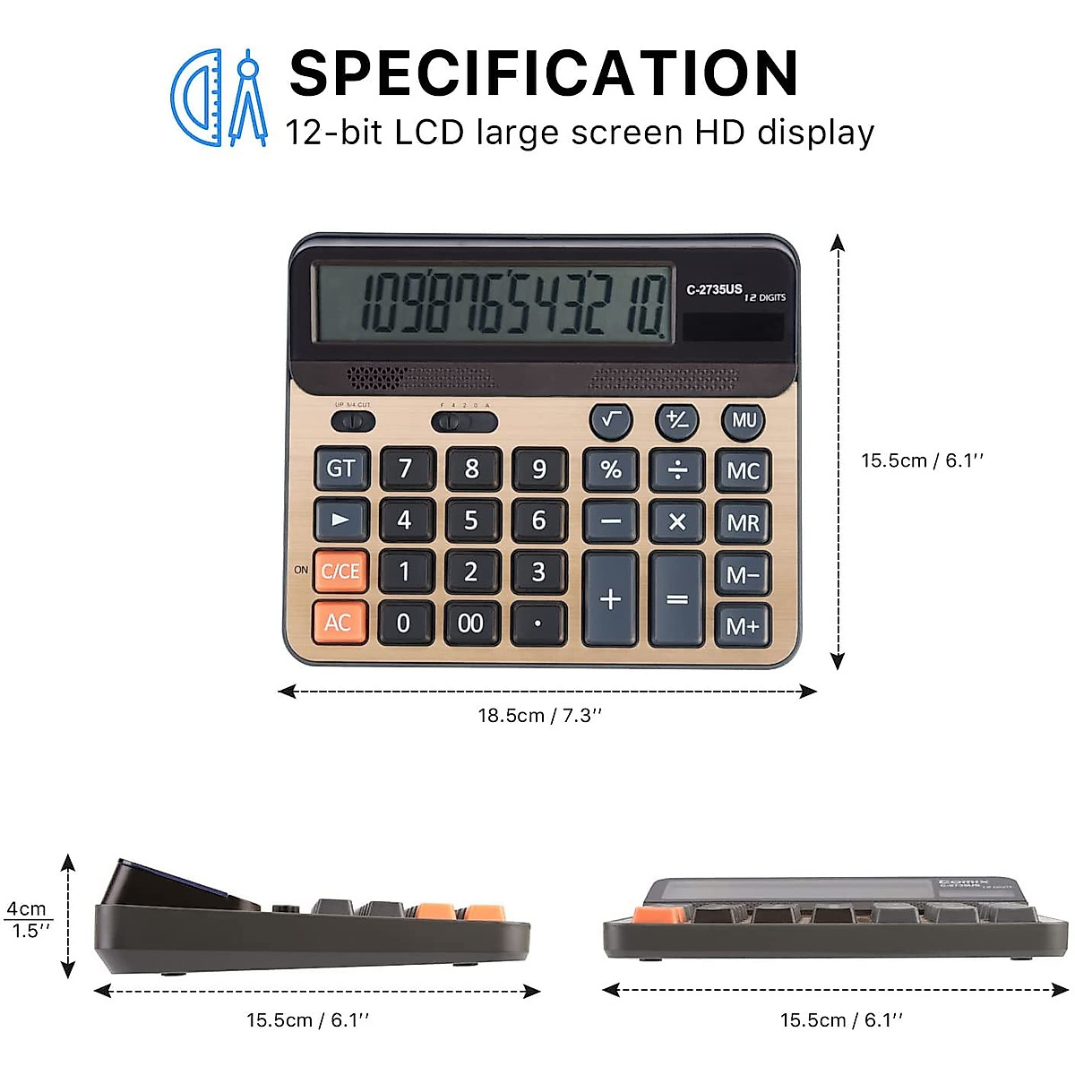 Calculator, Solar Battery Calculator Dual Power Large Standard Function Desktop Business Calculators, 12-Digit LCD Display Big Number Electronics Calculator for Office Finance School Student