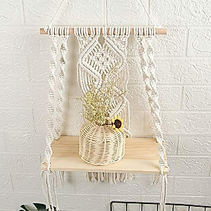 JnnRain Macrame Shelf Macrame Wall Hanging Shelf Beige Macrame Hanging Shelves White Macrame Wall Shelf Decor Plants Wall Shelf Home Decor
