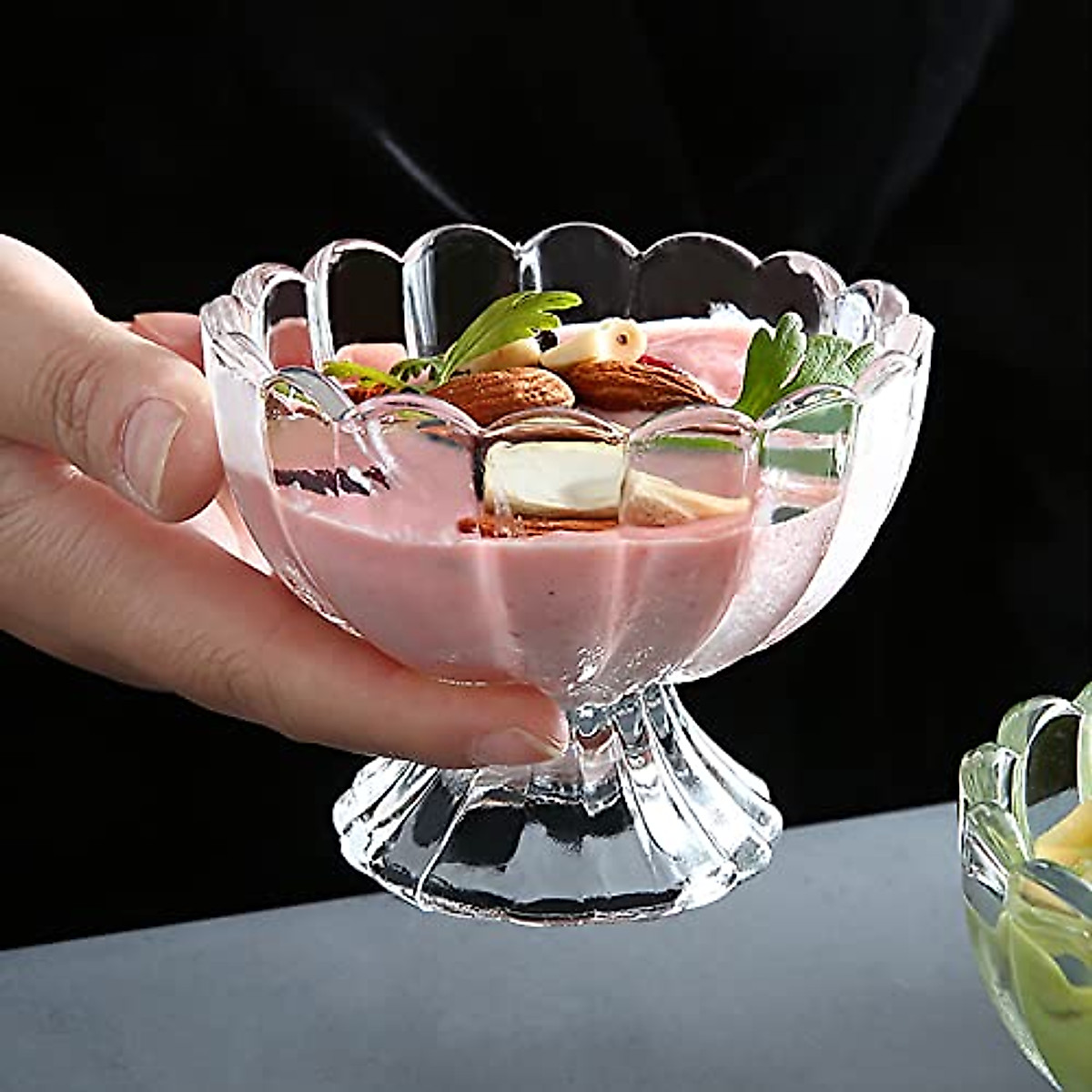 Sunximei 4 PCS 5.5oz Dessert Bowls (Small Size) Footed Glass Cups with spoons for Dessert,Yogurt,Ice Cream,Cocktail,Trifle,Pudding,Christmas Holiday Party