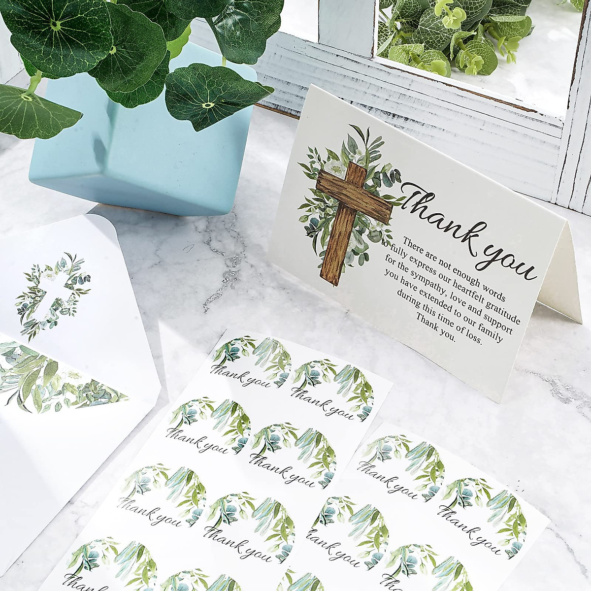 AnyDesign 48Pcs Funeral Thank You Cards Sympathy Thank You Card with Stickers Envelopes Watercolor Greenery Cross Bereavement Card with Message for Memorial Service Loved Ones Celebration of Life