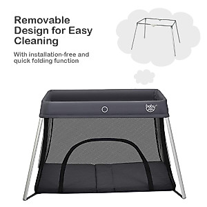 BABY JOY Baby Foldable Travel Crib, 2 in 1 Portable Playpen with Soft Washable Mattress, Side Zipper Design, Lightweight Installation-Free Home Playard with Carry Bag, for Infants & Toddlers (Grey)