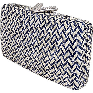 Chevron Raffia Straw Box Clutch with V Ornament