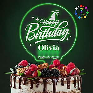 LED Personalized Happy Birthday Cake Toppers 7 Colour Changes Light Up Cake Topper Acrylic Cake Toppers Cake Decorations for 1st 16th 18th 20th 21st 30th 40th 50th 60th 70th(Design1)