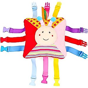 Sensory Pillow Toys for Toddlers, Activity Learning Fine Motor Skill Travel Toy with Buckle for Baby Kid Children Built-in Bell Plush Counting Numbers Buckles Symbol and Numbers (Bee)