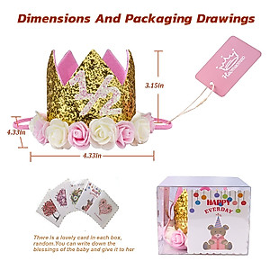 Baby Birthday Crown, Princess Crowns Tiara Girls Party Hat With Gold Glitter and Pink Roses for Birthday Party Decorations (1/2st Golden Crown)