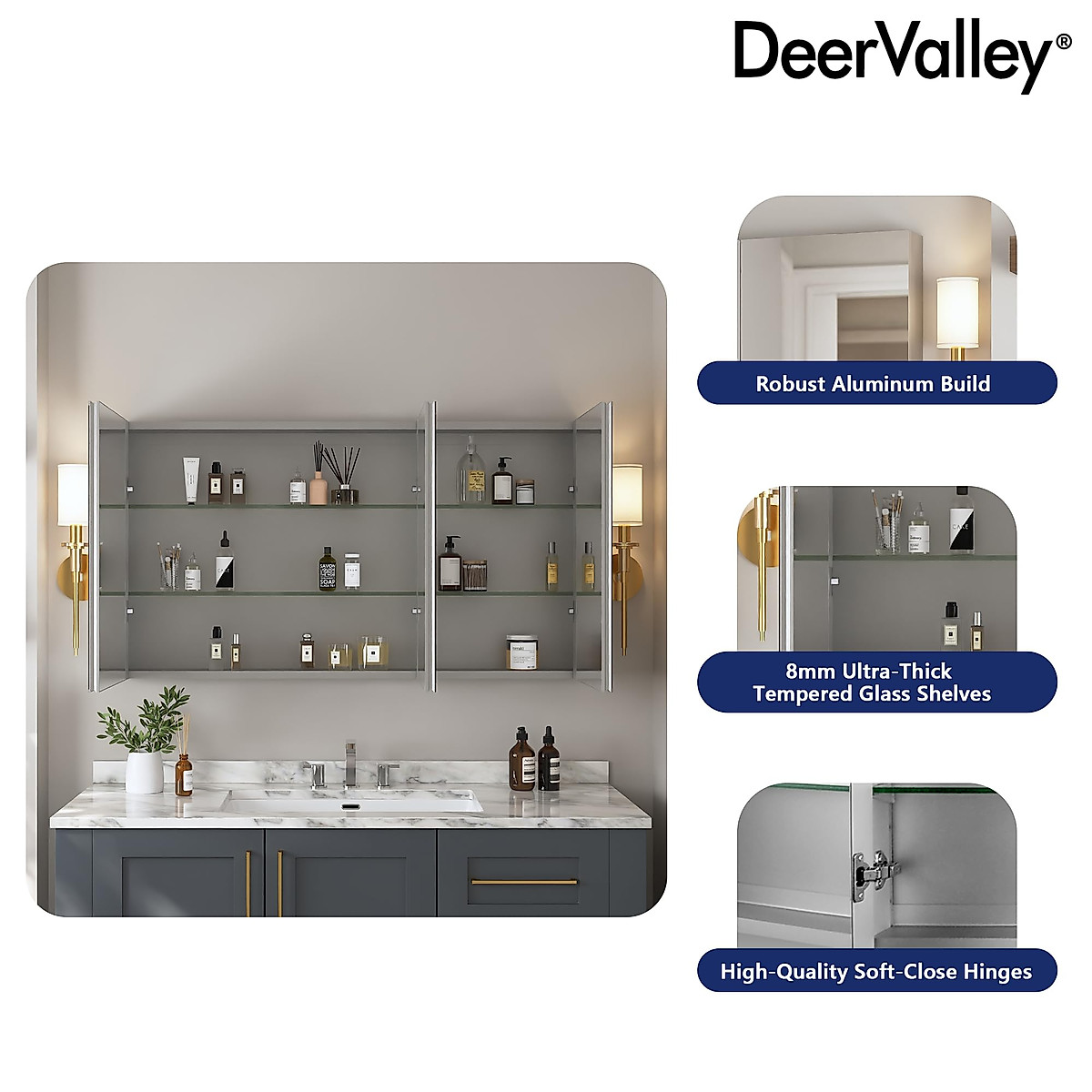 Deer Valley Medicine Cabinet with Mirror, 48" W x 26" H Bathroom Mirror with Storage, 3 Doors Frameless Modern Wall Mount Mirrored Medicine Cabinets with 2 Adjustable Shelves DV-1MC0149