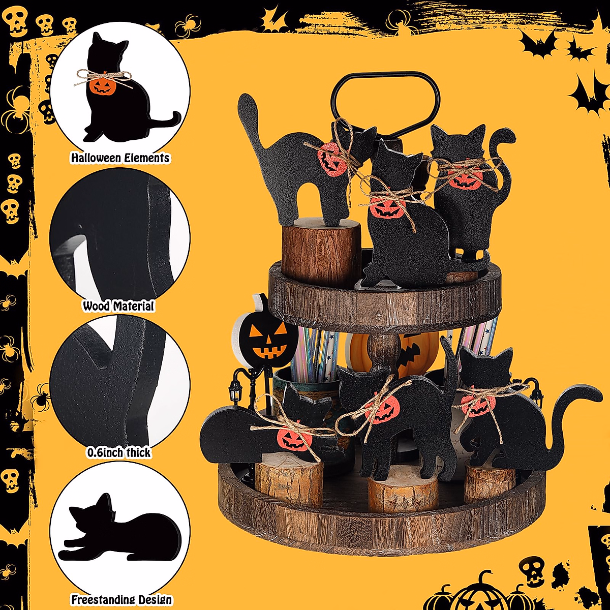 Pinkunn 6 Pcs Halloween Wood Decors with Pumpkin Black Cat Silhouette Decor Wooden Tiered Tray Sign for Home Table Mantel Party Centerpiece