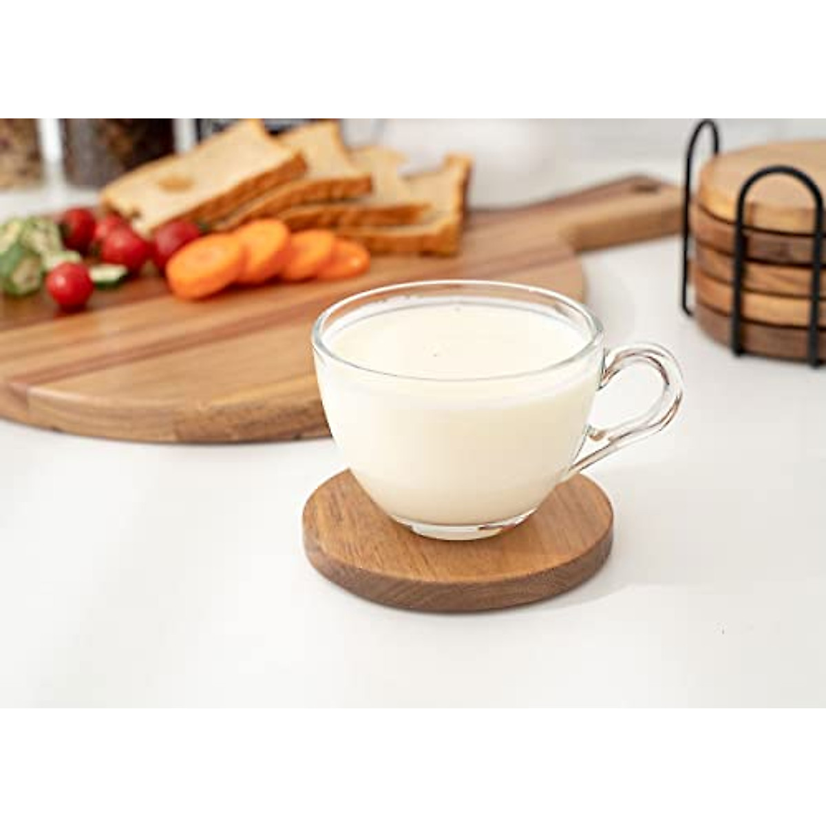 Wood Coasters for Drinks Tabletop Protection with Holder Set of 6, Acacia Wooden Coasters for Coffee Table Desk Round with Non-Slip Pad Cup Coasters for Home Office Christmas Decor 4 Inch