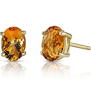 Peora Solid 14K Yellow Gold Citrine Earrings for Women, Genuine Gemstone Birthstone Solitaire Studs, 7x5mm Oval Shape, 1.50 Carats total, Hypoallergenic, Friction Back