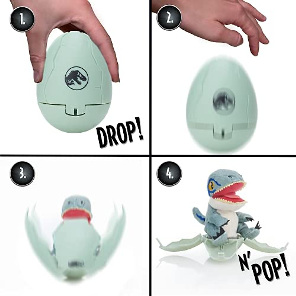 WOW! STUFF Jurassic World Drop 'n Pop Dino - Blue Velociraptor | Dinosaur Egg with Pop-up Plush Toy | Official Dominion Merchandise, Gifts and Toys for Boys and Girls, Aged 5+