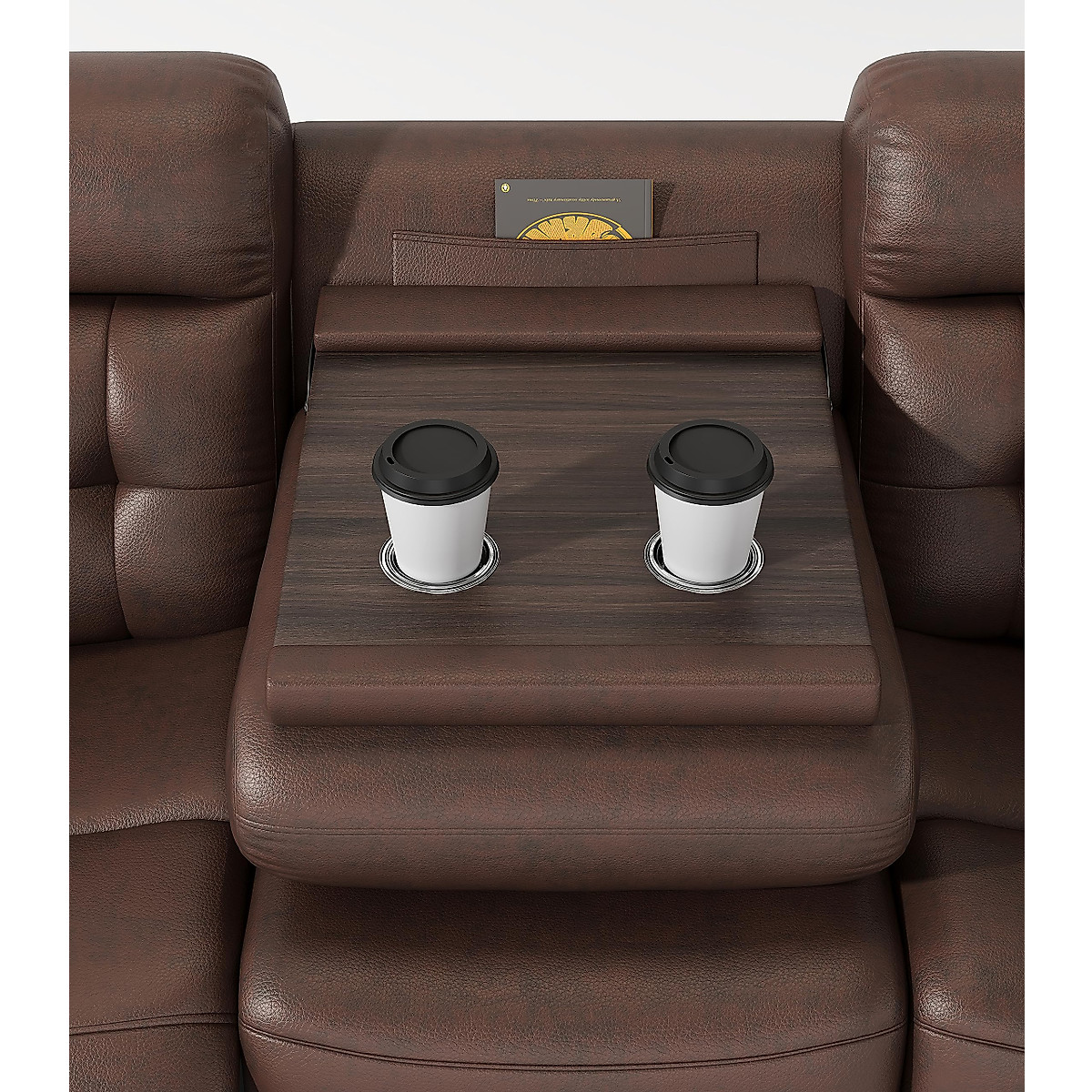 Gahowlen Genuine Leather Manual Reclining Sofa, 3-Seater Couch with Drop Down Table, Cup Holders & Magazine Bag, 3-Seat Dual Recliner Chair for Living Room Home Theater Office, Brown