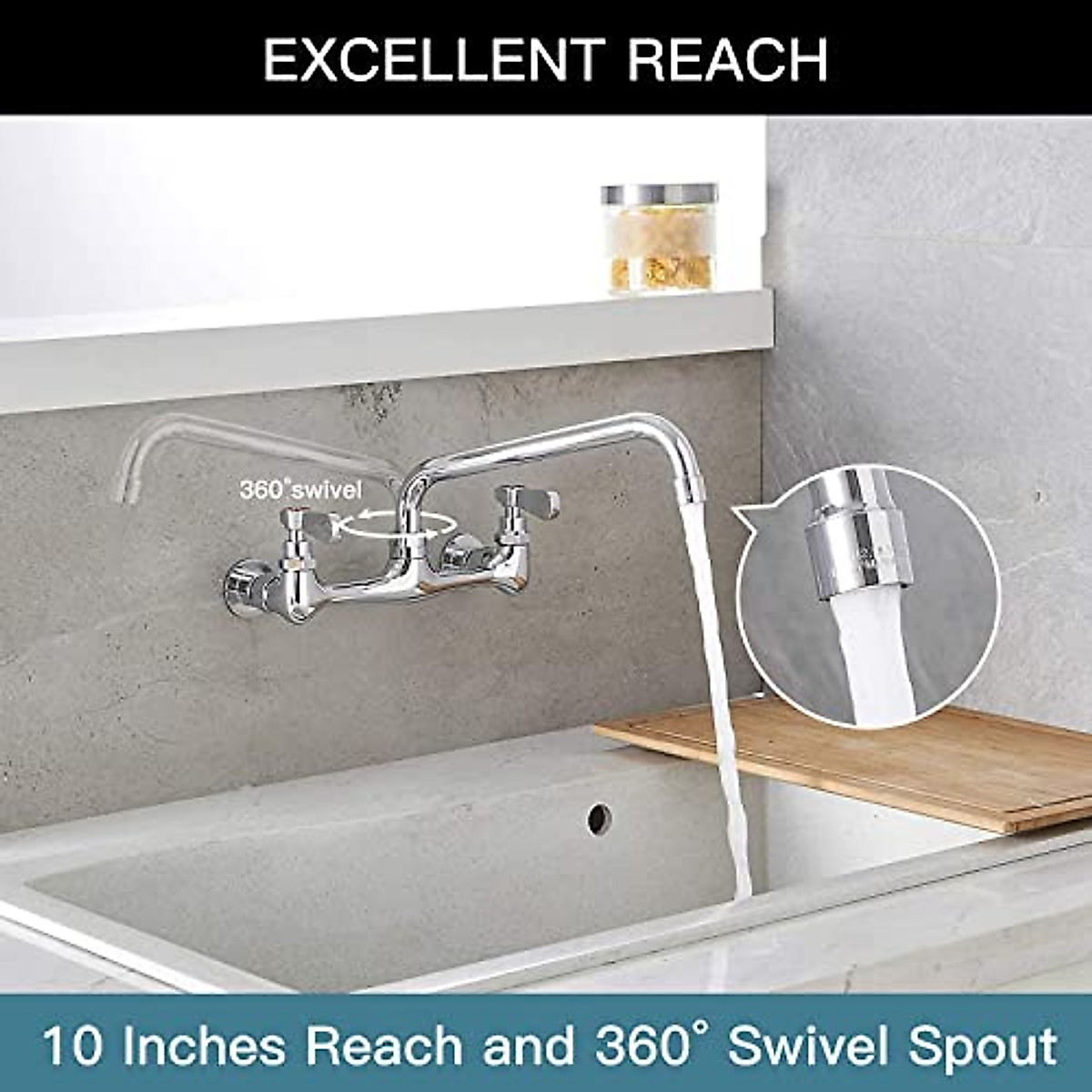 Evolvegoods Kitchen Sink Faucet with 10 Inch Swivel Spout Commercial Centerset Sink 2 Handle Polished Chrome Utility Laundry Restaurant rv Kitchen Faucets Wall Mount