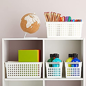 4 Pack White Plastic Baskets for Organizing, Narrow Storage Bins with Gray Handles, Small Nesting Containers for Shelf, Laundry, Office (5 In)