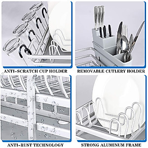 [Upgraded] Aluminum Dish Drying Rack, ROTTOGOON Rustproof Dish Rack and Drainboard Set with Drainage, Utensil Holder, Cup Holder, Compact Dish Drainer for Kitchen Counter, 16.9"L x 12.2"W, Light Gray