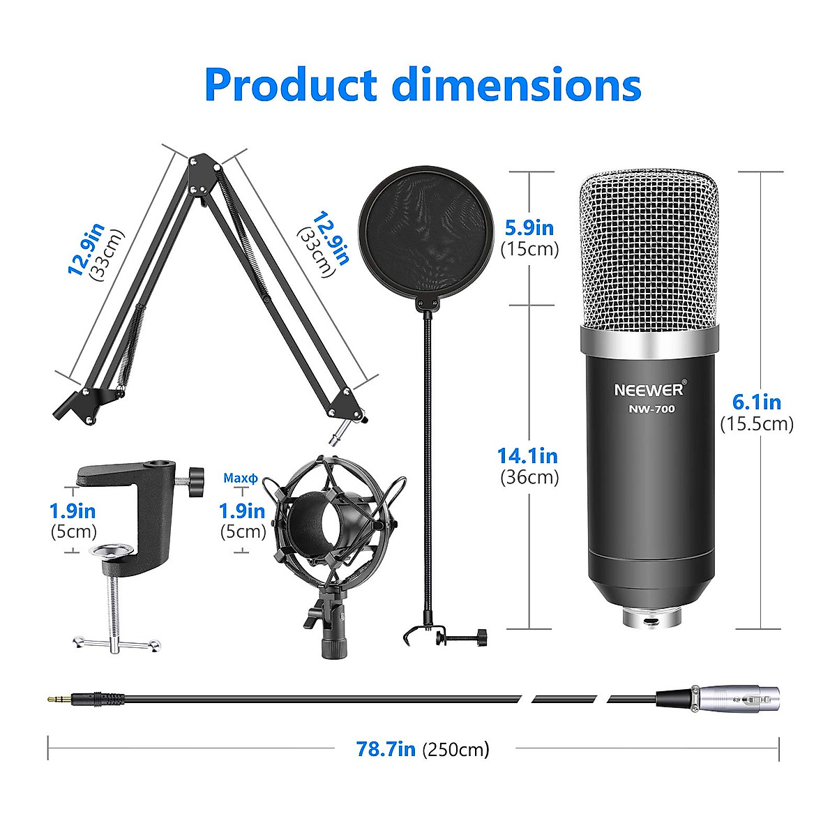 Neewer NW-700 Professional Studio Broadcasting Recording Condenser Microphone & NW-35 Adjustable Recording Microphone Suspension Scissor Arm Stand with Shock Mount and Mounting Clamp Kit
