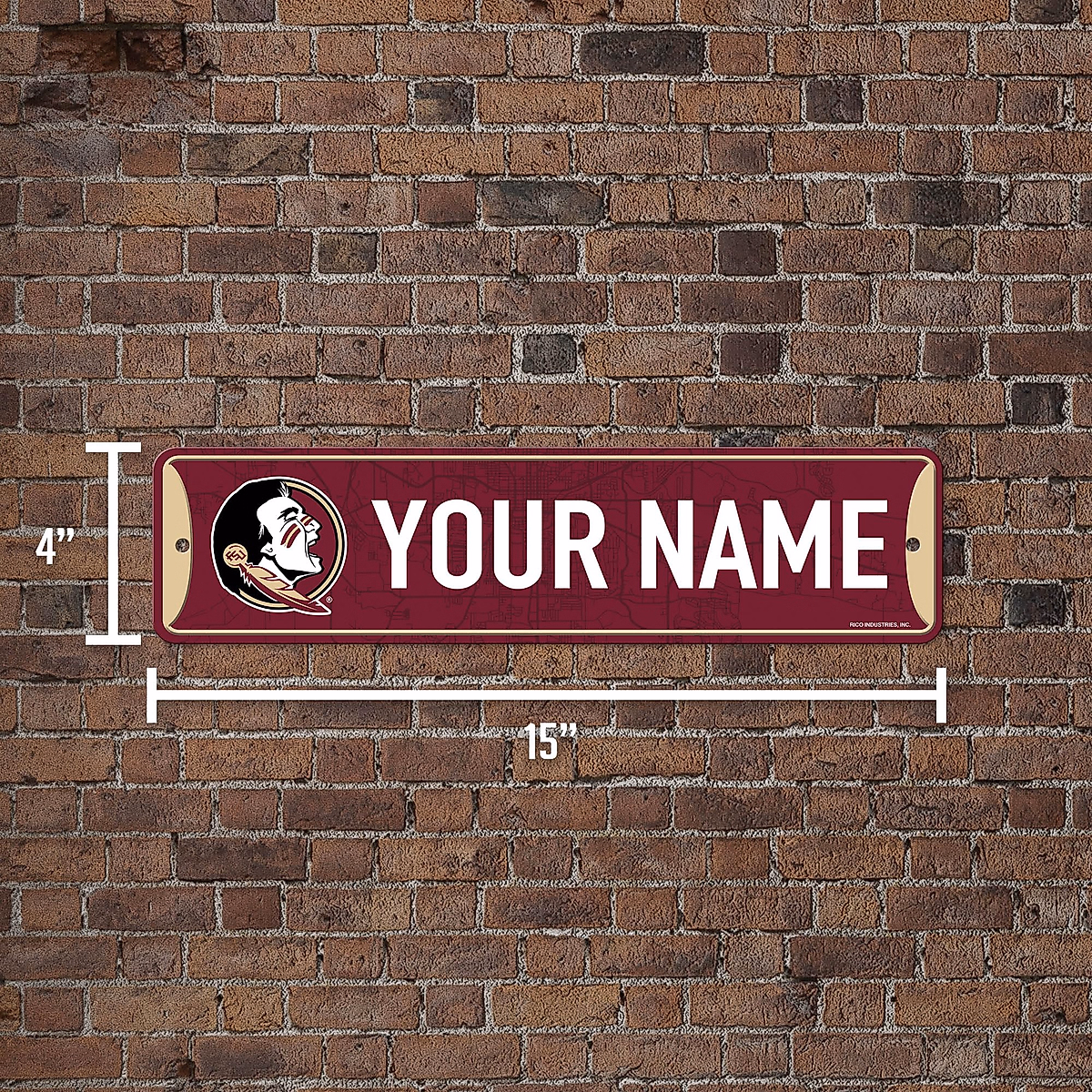 Rico Industries NCAA Florida State Seminoles Primary Personalized Metal Street Sign 4" x 15" Home Décor - Bedroom - Office - Man Cave