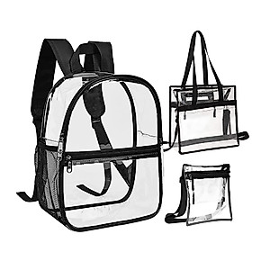 3 Pcs Clear Backpack Stadium Approved Transparent Backpack Clear Tote Bag with Zipper See Through PVC Messenger Handbag Stadium Approved Purse Transparent Crossbody Bags with Adjustable Strap for Work