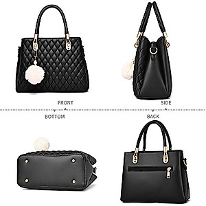 Womens Leather Handbag Purses Top Handle Quilted Shoulder Bag Totes Satchel for Ladies with Pompon