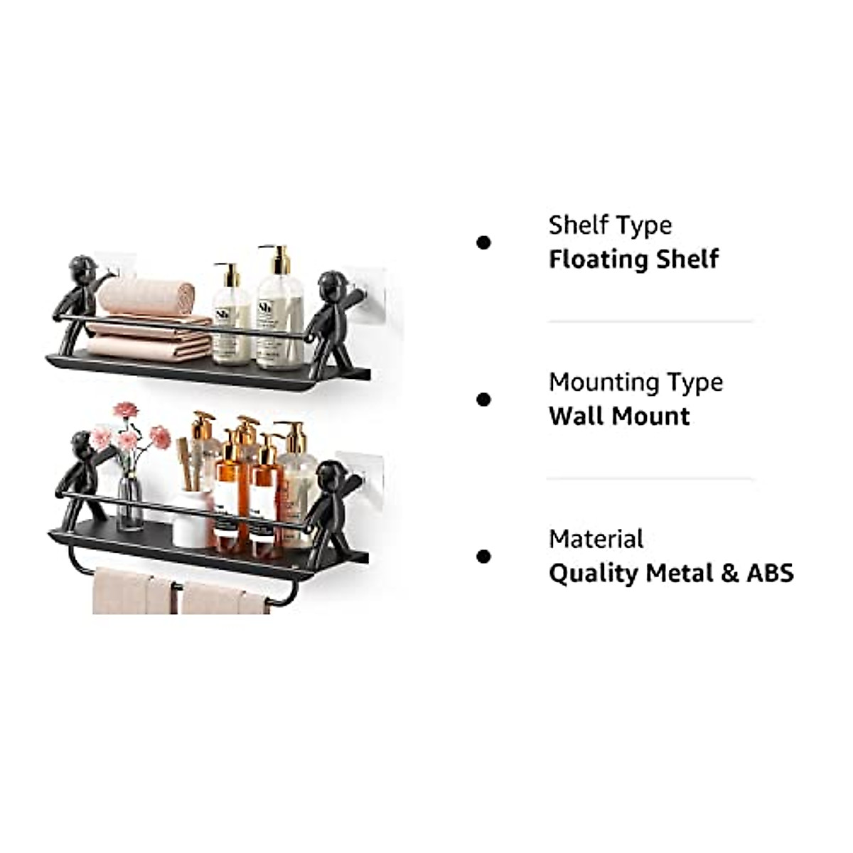 coorack Shower Caddy Floating Wall Shelves, COORACK 2 Pack Metal Hanging Shelf No Drilling Adhesive Wall Mounted Bathroom Shelf Black Floating Shelves Floating Shelves