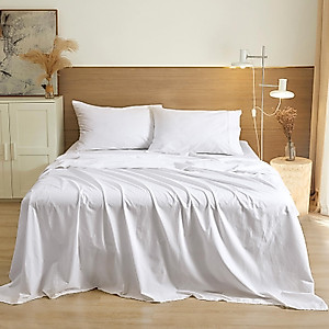 PHF 100% Garment Washed Cotton Sheets Set Queen Size, Ultra Soft Bedding Set, 4 PCS Breathable Moisture-Wicking Durable, Deep Pocket Bed Sheet Up to 16", White
