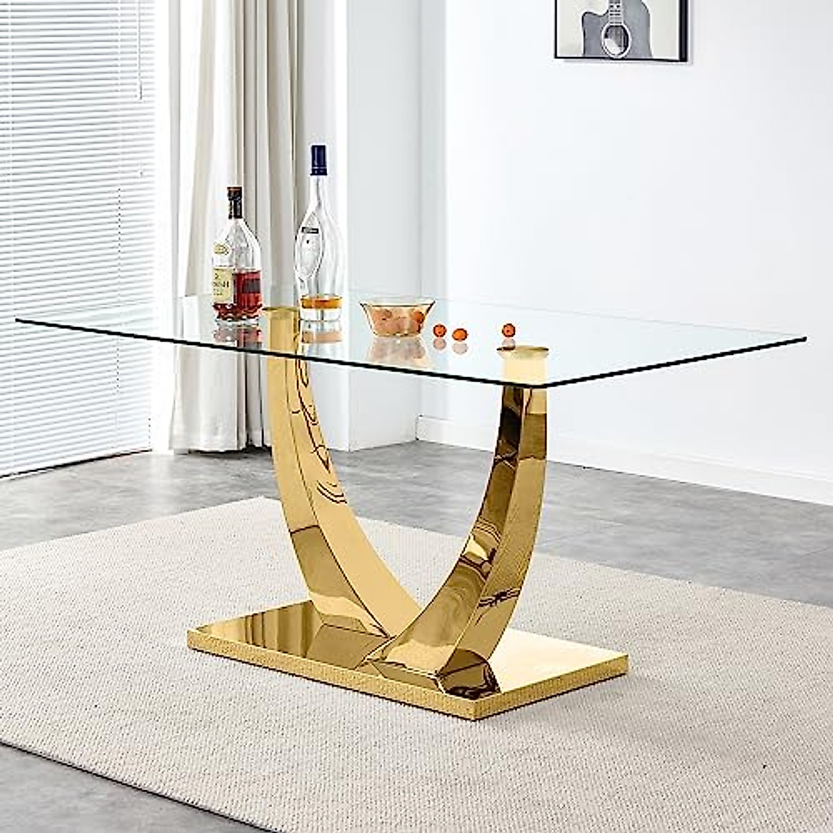 63in Glass Dining Table for 6 with Steel Base, Rectangle Dining Room Table Kitchen Table with Golden U-Shape Bracket, Luxury Dining Table for 4 or 6, Dinner Table for Living Room Banquet Hall