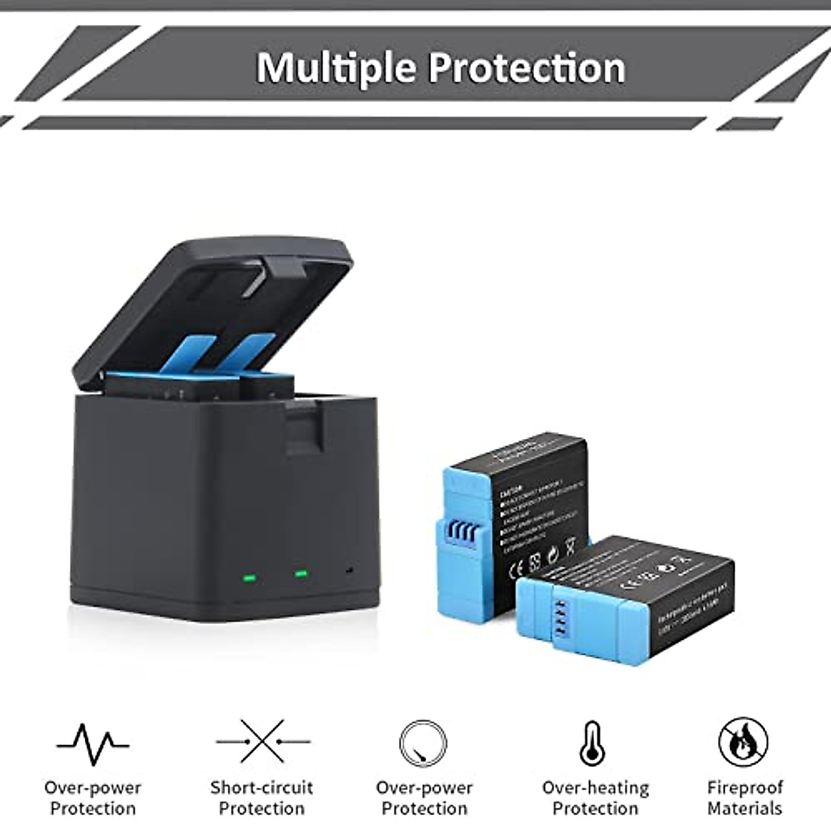 2 Pack Batteries fit for GoPro Hero 11 Black, GoPro Hero 10, GoPro Hero 9 Black, 3-Channel Battery Charger Station for Hero 11/ Hero 10/ Hero 9