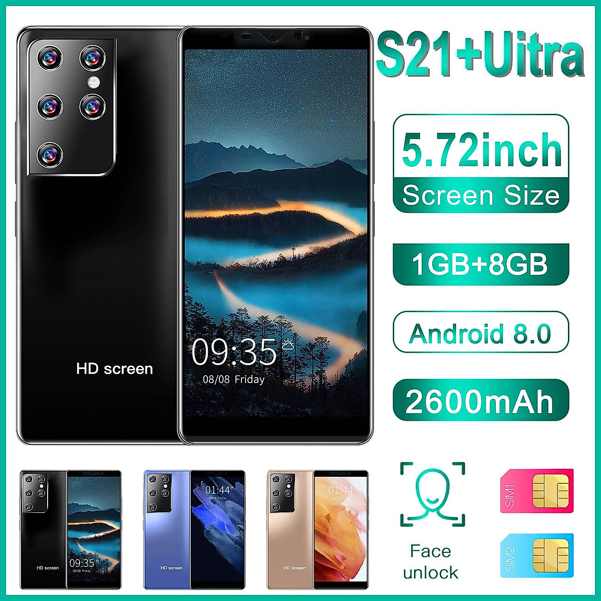 Generic 2024 New Unlocked Android Smartphone, 8GB ROM+1GB RAM Android Phone 5.72IN HD Cell Phone, 2MP Rear Camera System, 2000mAh Phone Mobile Phone Large Storage (Black)