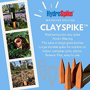 HydroSpike ClaySpike (4-Pack) Plant Terracotta Watering Spikes Kit for Outdoor Pot. 7 Inch Extra Long Stakes. Terra Cotta Self Automatic Slow Hydro Drip Irrigation System. Glass Wine Bottle Waterers