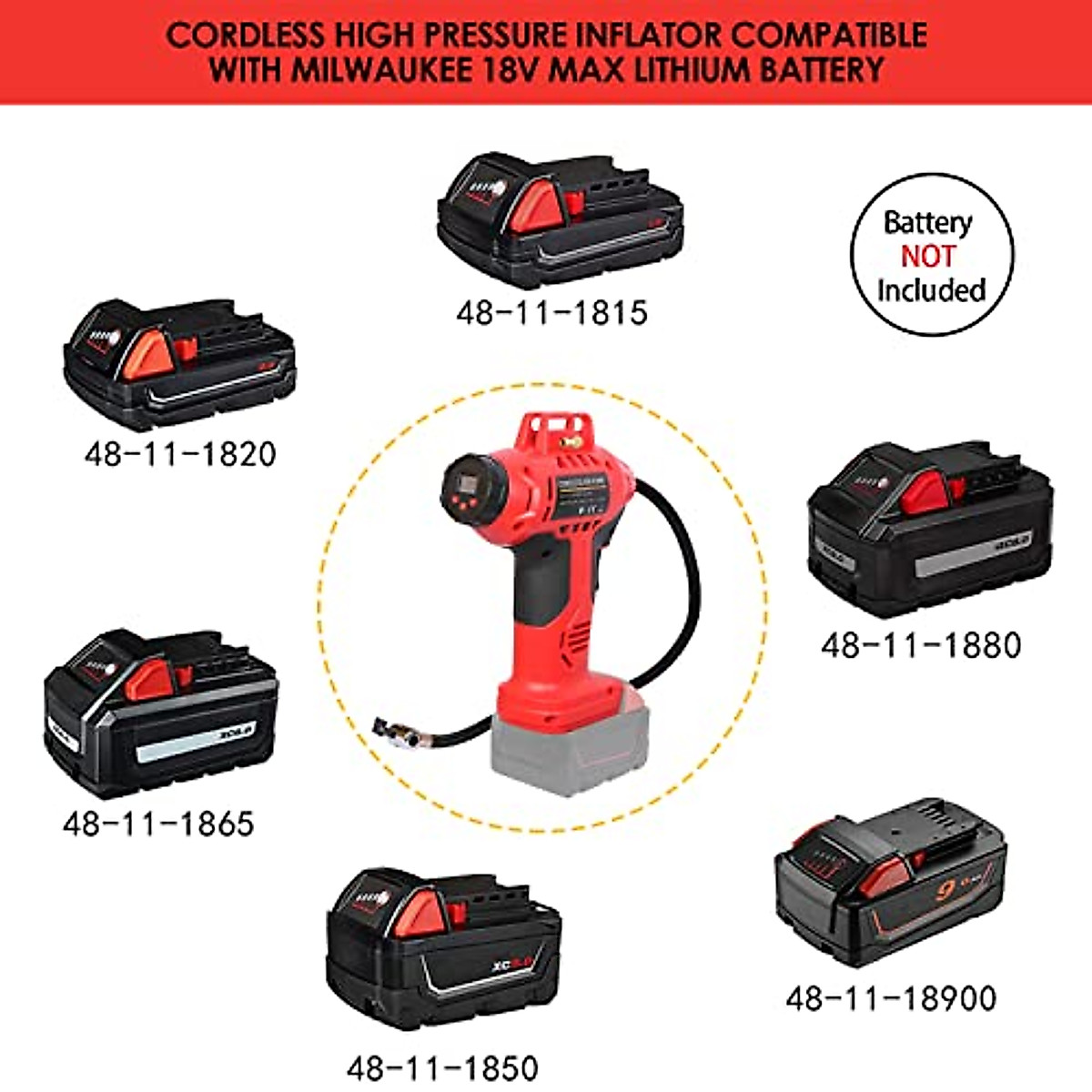 Tire Inflator Air Compressor, Compatible with Milwaukee 18v Max Battery Mellif 160 PSI Cordless Portable Electric Air Pump with Digital Pressure Gauge for Car, Bike, Sport Ball (TOOL BARE) (Red)