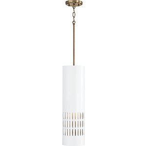 Capital Lighting 350211AW Dash Mid-Century Modern Metal Mini Cylinder Pendant Ceiling Light Fixture, 1-Light 100 Watt, 22" H x 6" W, Aged Brass and White