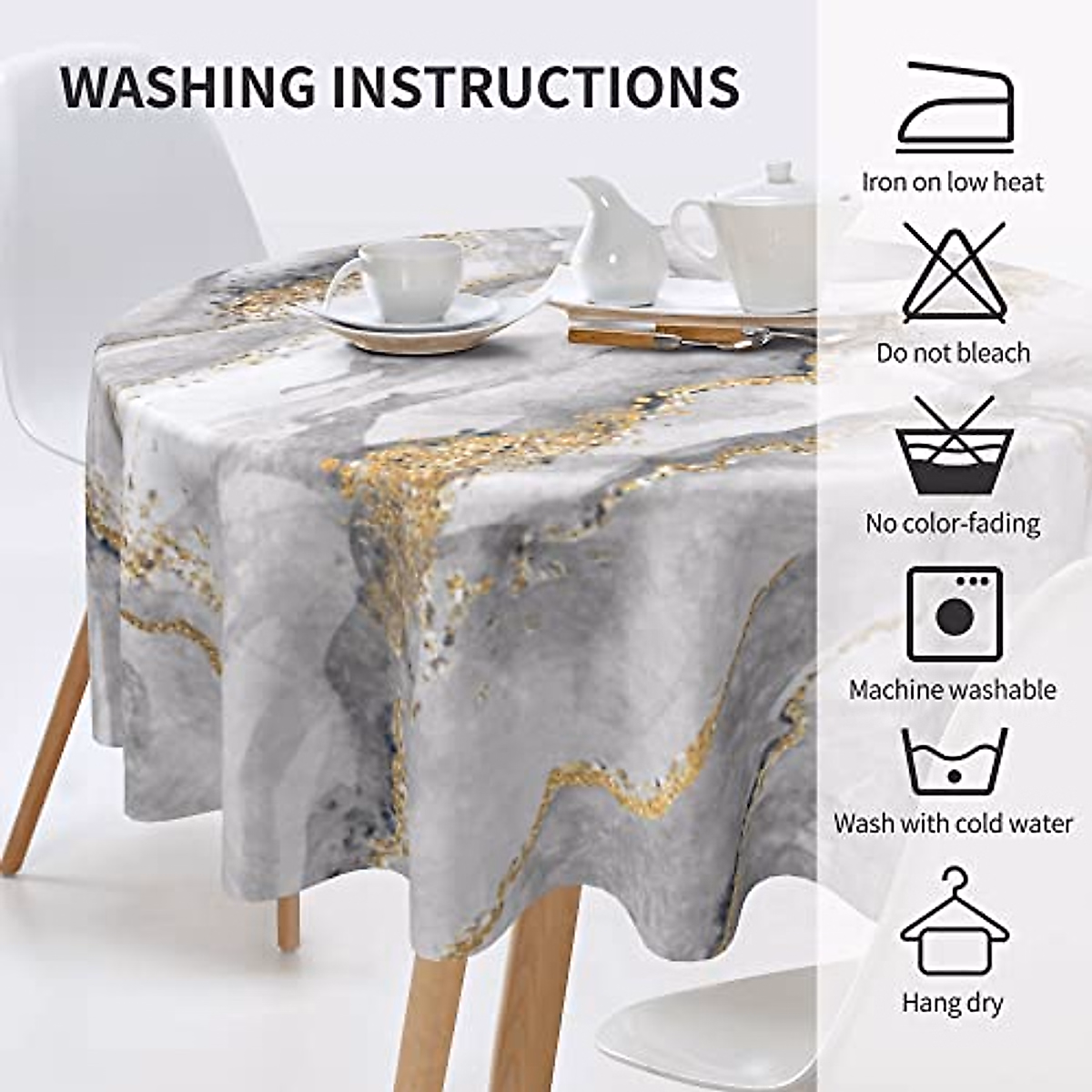 Gold Marble Round Tablecloth 60 Inch - Waterproof & Wrinkle Resistant Washable Fabric Spring Table Cloth for Dining Room Party Outdoor Picnic, White and Grey
