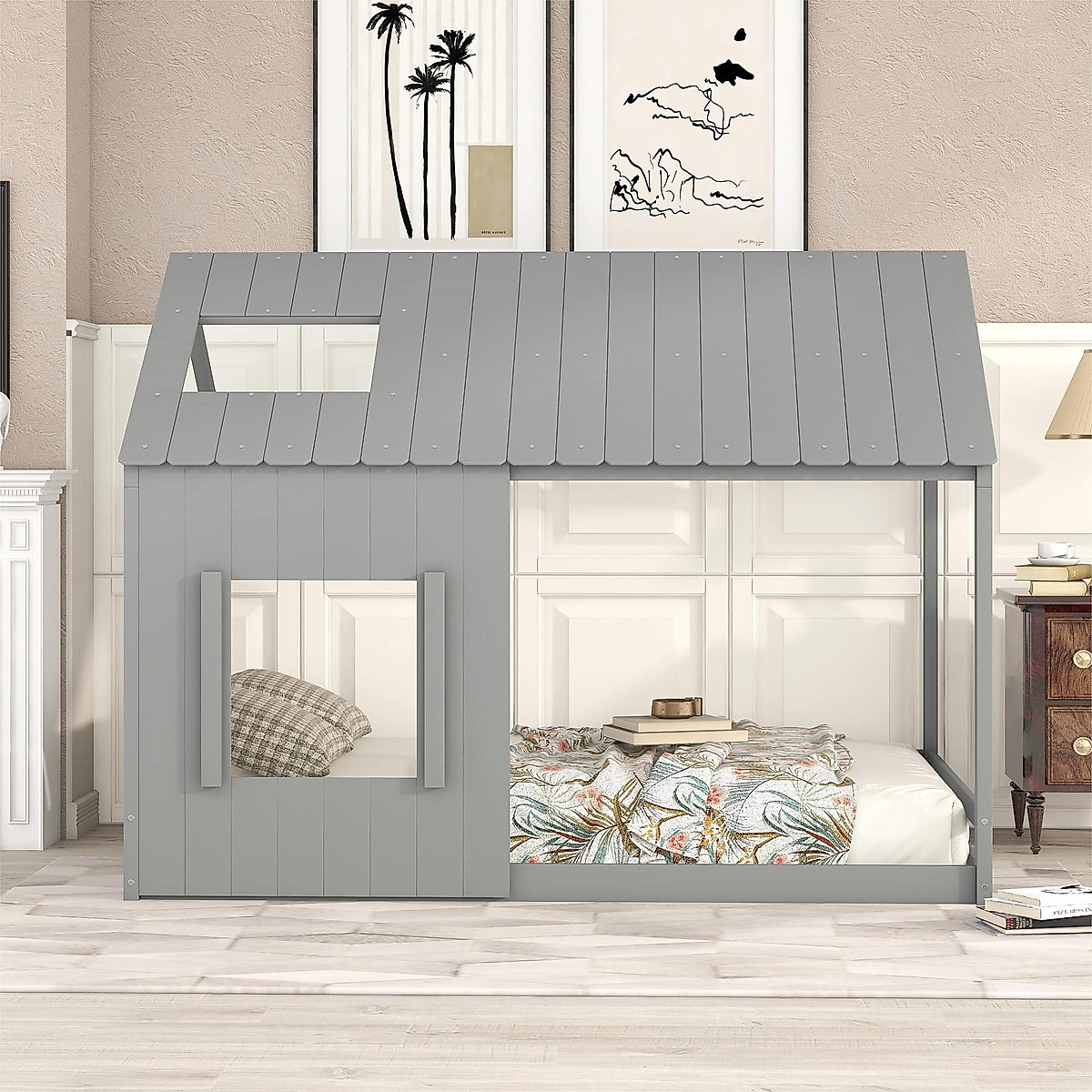 Full House Bed, Montessori Bed Full Size Floor Bed with Rails and Roof, Window, Solid Wood Platform Bed Frame with Slats, for Kids Teens Girls Boys (Full Size, Gray)