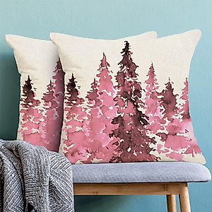 AEIOAE Christmas Pillow Covers 18 X 18 Inch Set of 2, Pink Christmas Trees Decoration Throw Pillow Covers Holiday Farmhouse Winter Pillowcase for Couch Home Sofa Indoor Outdoor Decor
