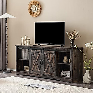 AMERLIFE 66" Farmhouse TV Stand for 75 Inches TVs, Entertainment Center with Sliding Barn Door and Adjustable Shelf & Feet, Console Table with Storage, Dark Rustic Oak
