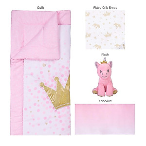 Sammy & Lou Tiara Princess 4-Piece Baby Nursery Crib Bedding Set for Girls, Includes Quilt, Fitted Crib Sheet, Crib Skirt, and Plush Toy