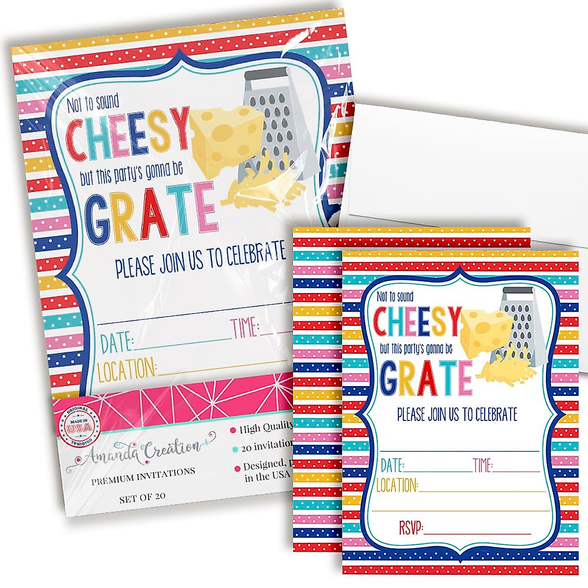 Cute & Silly Shredded Cheese Themed Birthday Party Invitations for Kids, 20 5x7 Fill In Cards with Twenty White Envelopes by AmandaCreation…