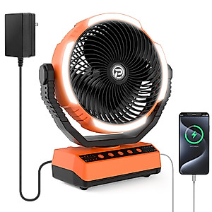 PANERGY Camping Fan with Light, 20000mAh Rechargeable Battery, Auto-Oscillating, Remote for Tent, Travel, Power Outage, Jobsite,Charger Adapter Included, 8 inch, Orange