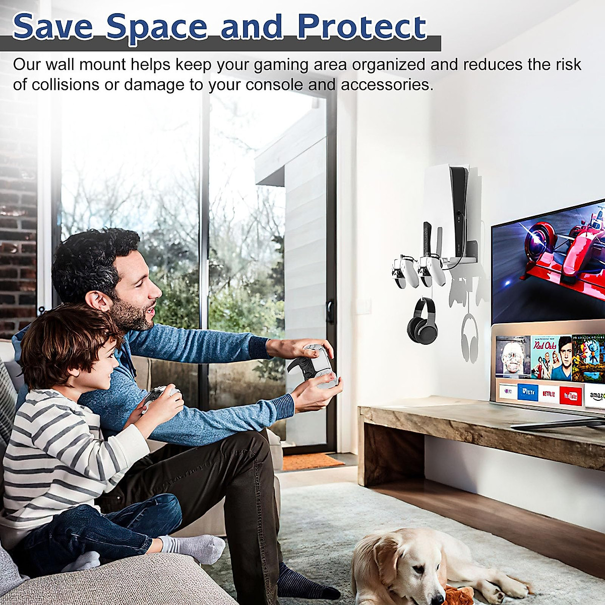 ROCHIE PS5 Wall Mount Bracket PS5 Wall Stand with 2-in-1 Magnetic Charging Cable for Playstation 5 Disc/Digital Edition, with Detachable Controller Holder & Headphone Hanger White