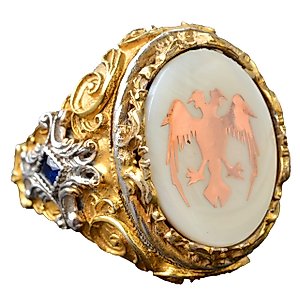 Men's Sterling Silver Ring - Pearl Stone - Signet Ring (Double Headed Eagle)