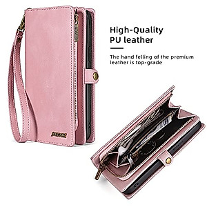 W WINTMING Compatible with iPhone 14 Pro Wallet Case with Card Holder,Leather Zipper Wallet Magnetic Buckle Case, RFID Blocking, with Wrist Strap Classic Leather Folio Phone Case (iPhone 14 Pro,Pink)