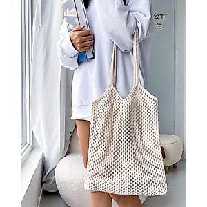 Stizimn Crochet Mesh Beach Tote Bag Shoulder Bag Handbags Knitting Hollow Summer Bag Hobo Bag Aesthetic for Women (Beige3)