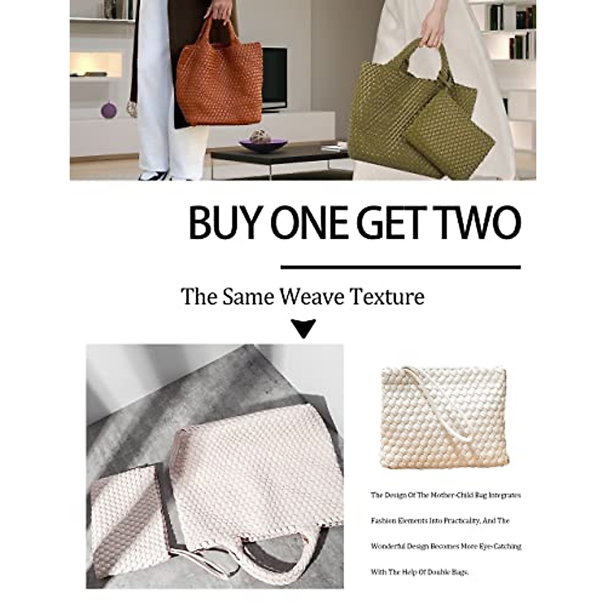 Large Woven Tote Handbags Women Designer Vegan Leather Shoulder Top-Handle Travel Tote Bag Lady Underarm Shopper Bags + Purse Beige